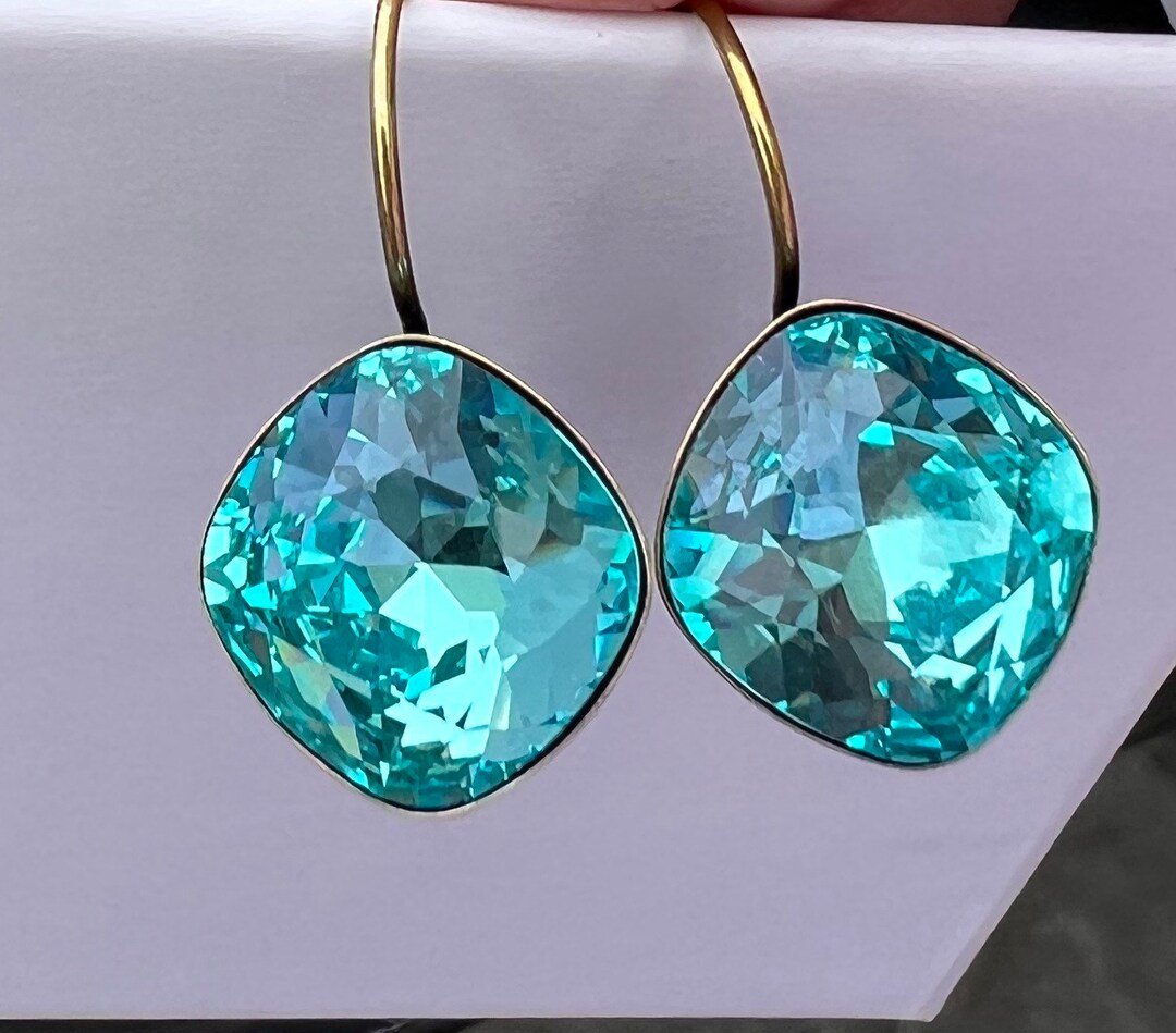 Turquoise Blue Crystal Earrings, Gold Earrings, Bezel Set Crystal ...