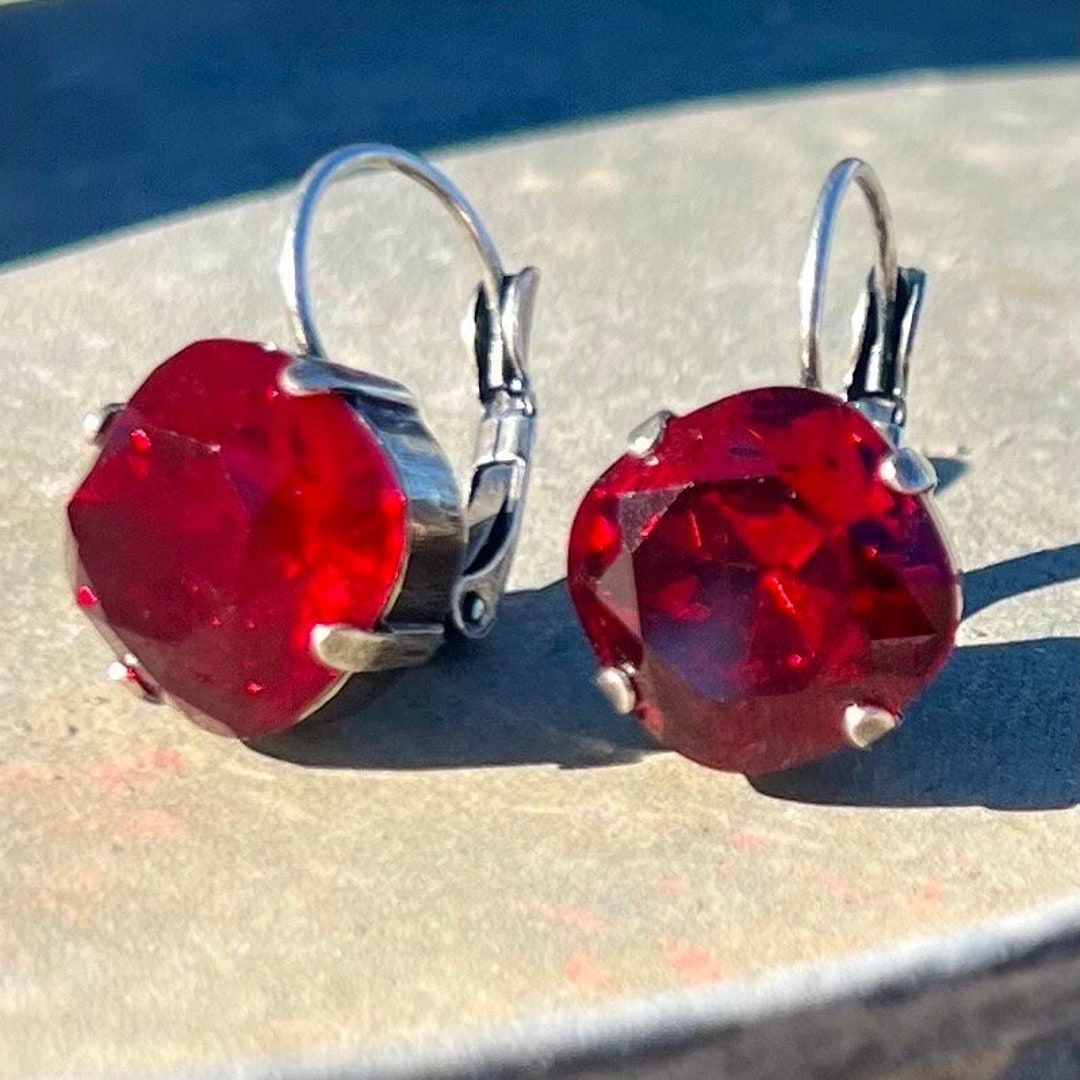 Red Crystal Drop Earrings 12mm Cushion Cut Lever Back, Gift for Her ...