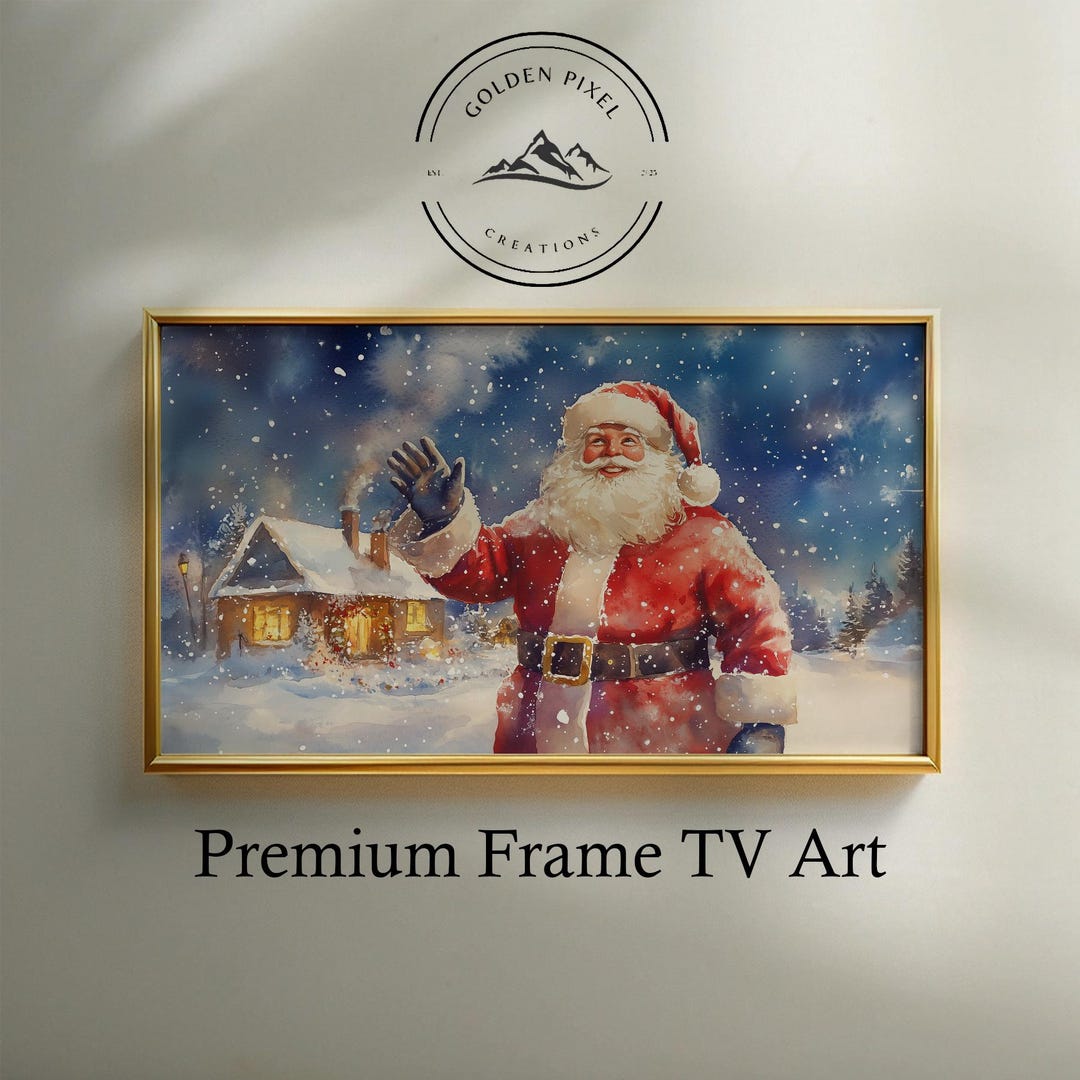 Christmas Frame TV Art, Santa Claus Watercolor, Cozy Christmas Scene ...