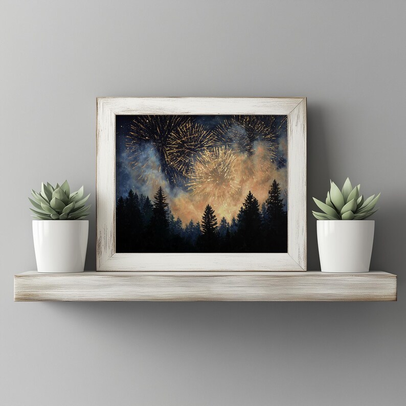 Moody Nightscape With Fireworks - Printable Festive Landscape Art ...