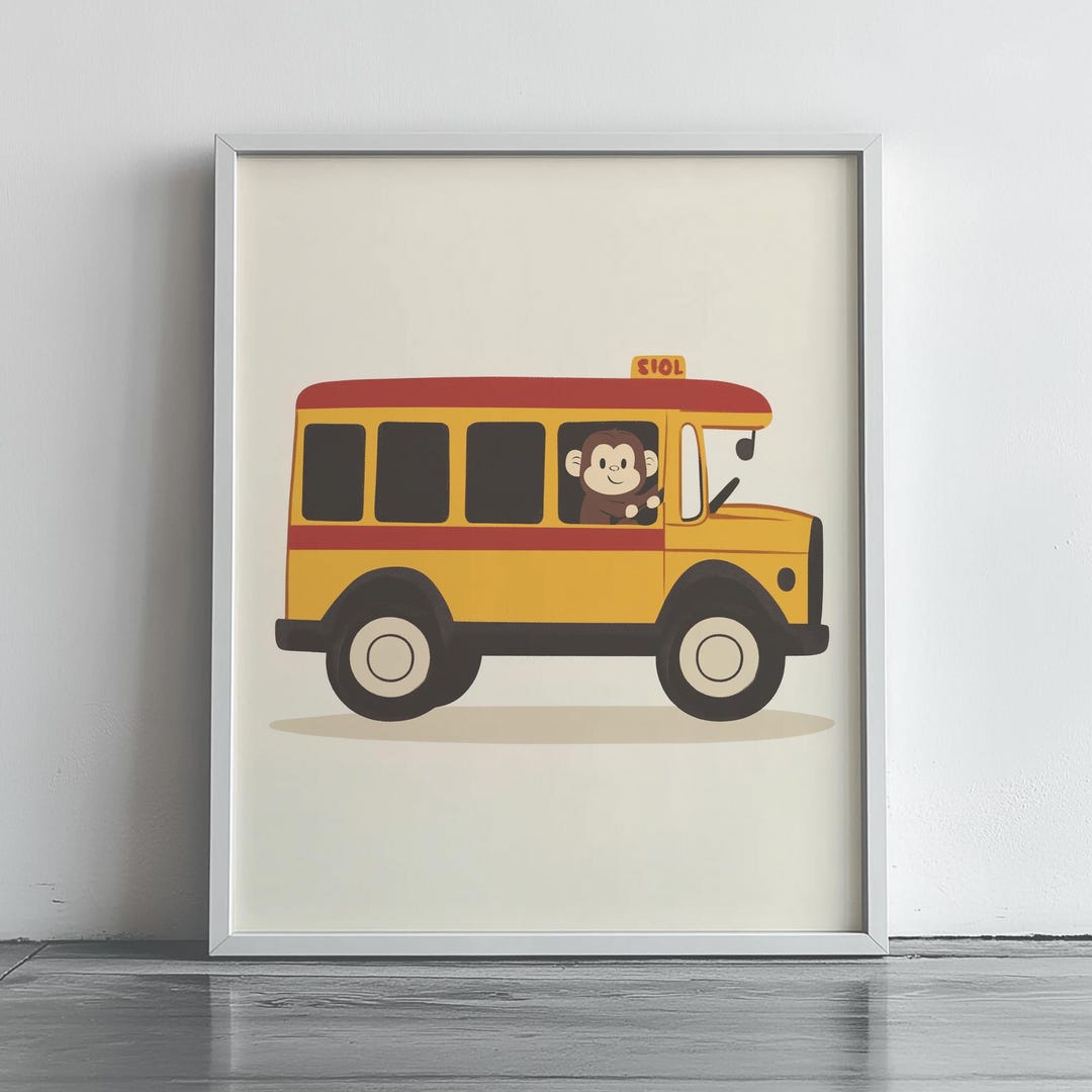 Printable Cute Cartoon School Bus - Fun Monkey Driver Art, Kids Room ...