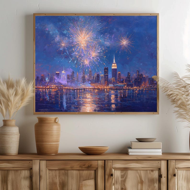 Festive Fireworks Over City Skyline - Vibrant Moody Night Wall Art ...