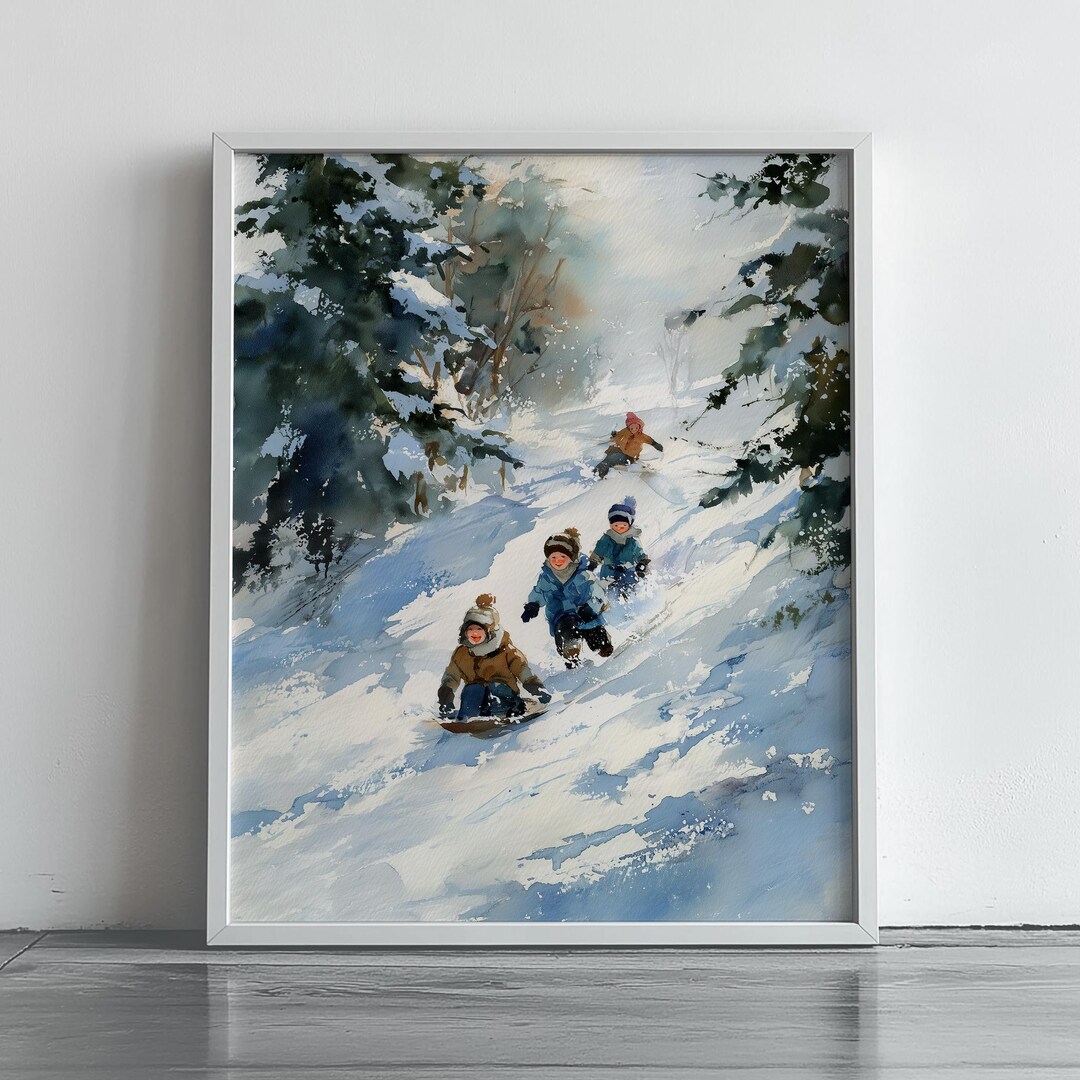 Winter Sledding Scene Watercolor - Vintage Children Playing, Snowy ...