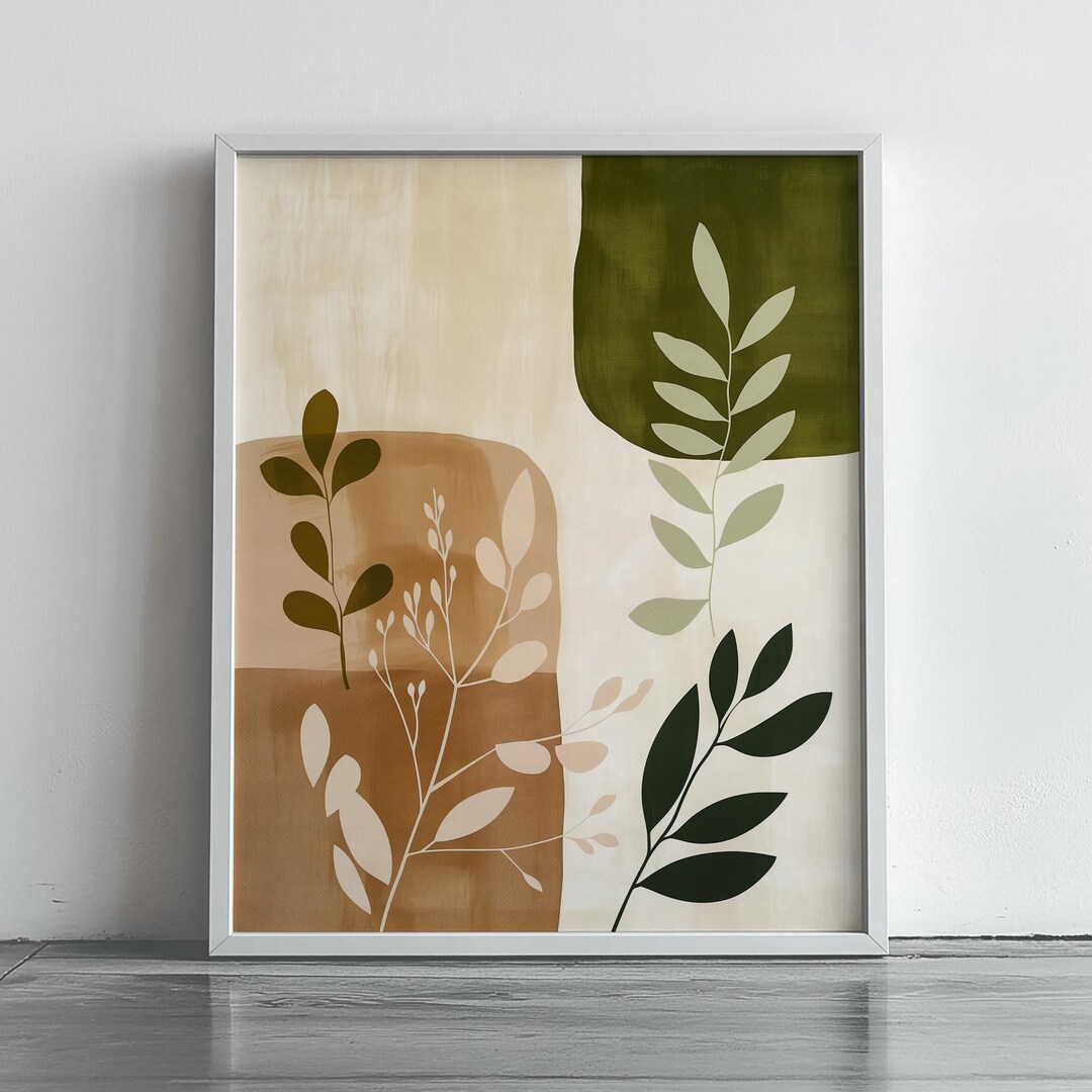 Botanical Abstraction in Beige and Moss Green - Soft Layering Art ...