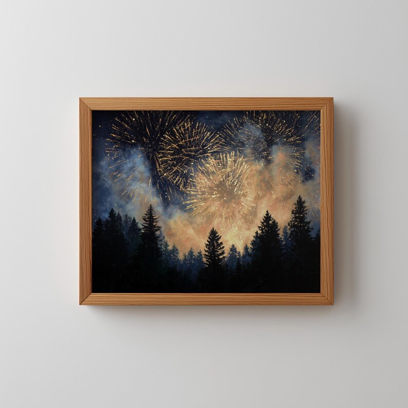 Moody Nightscape With Fireworks - Printable Festive Landscape Art ...