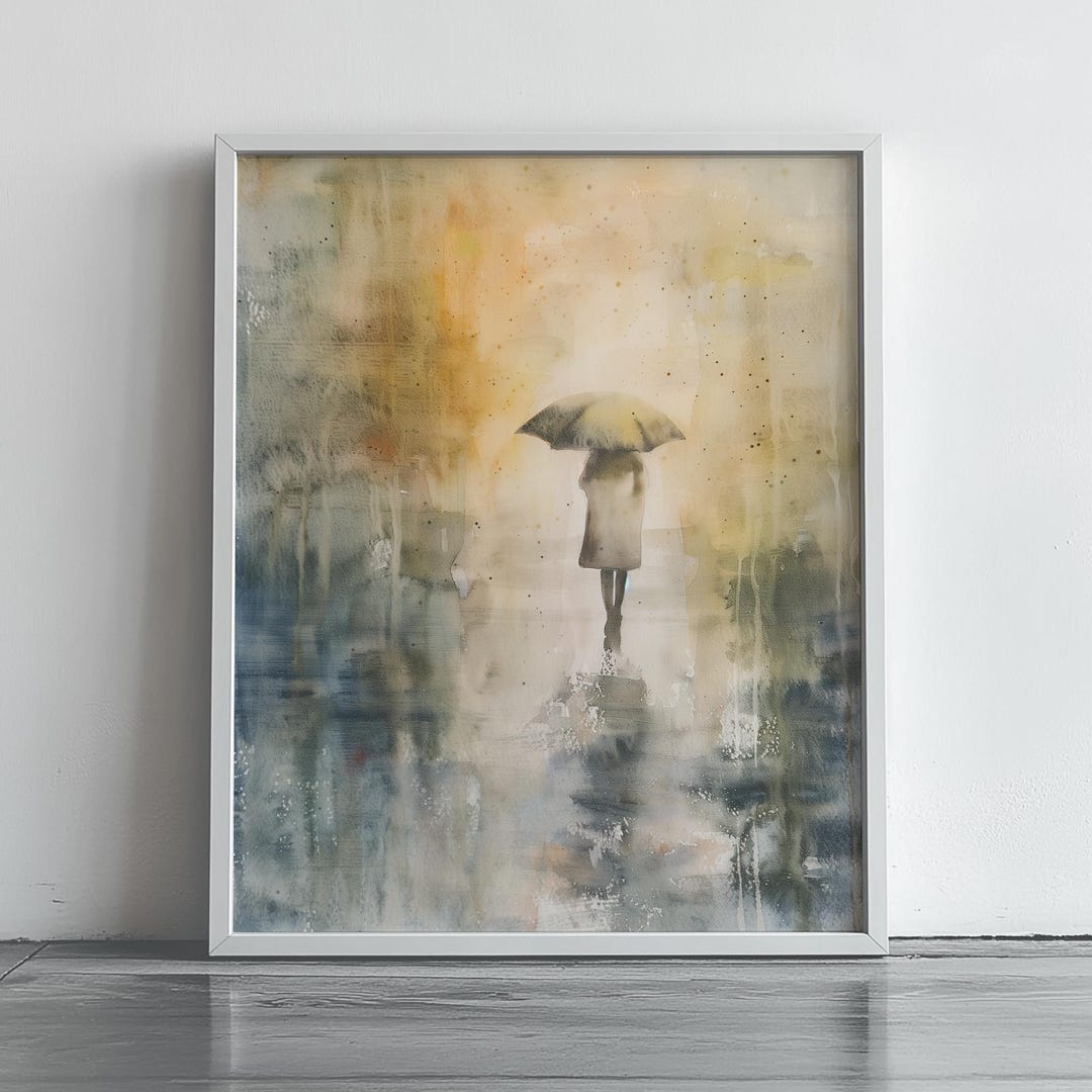 Spring Rain Watercolor Art - Printable Figure With Umbrella, Moody ...