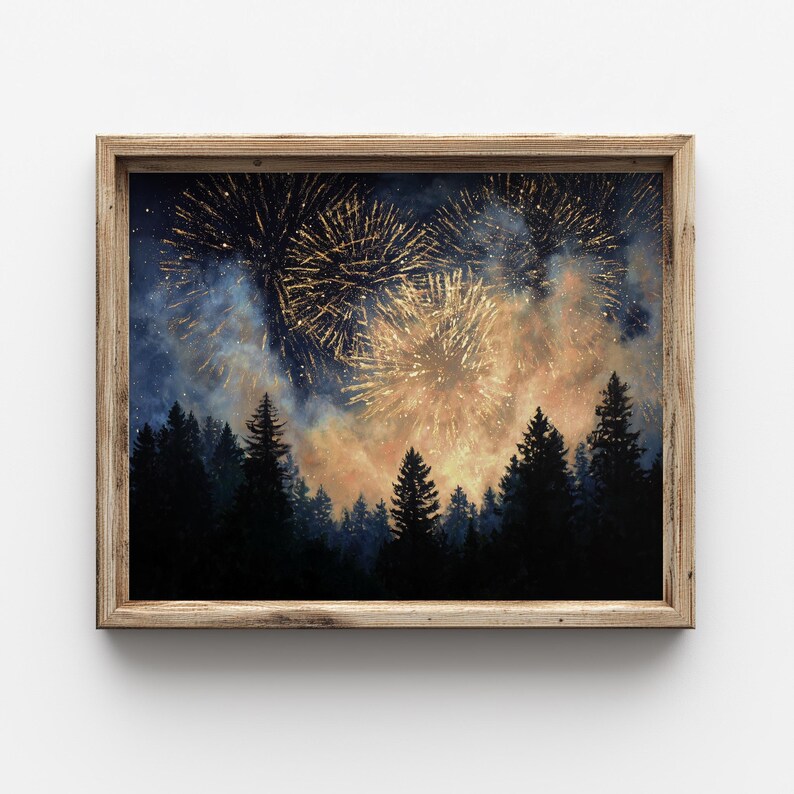 Moody Nightscape With Fireworks - Printable Festive Landscape Art ...