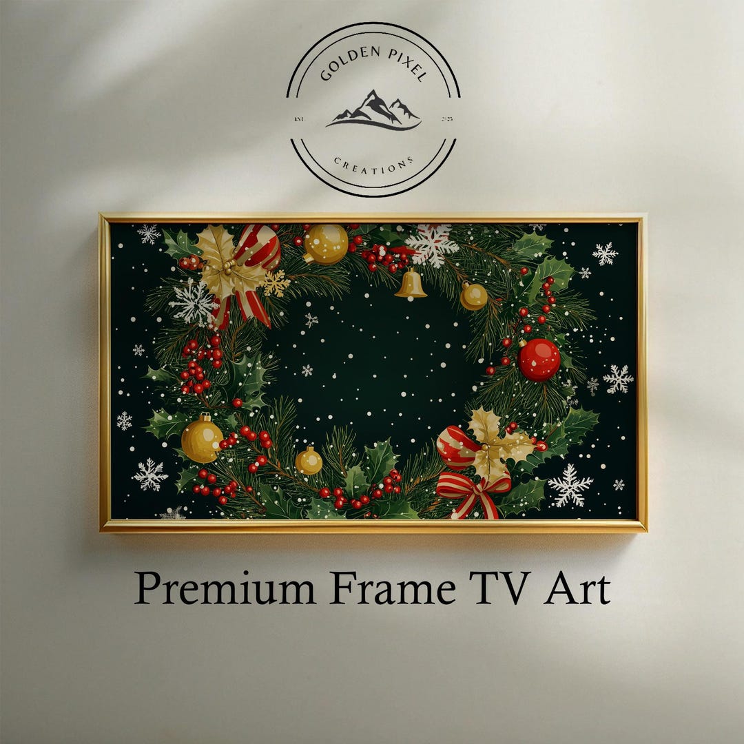 Festive Christmas Frame TV Art, Holiday Wreath Painting TV Art, Pine ...
