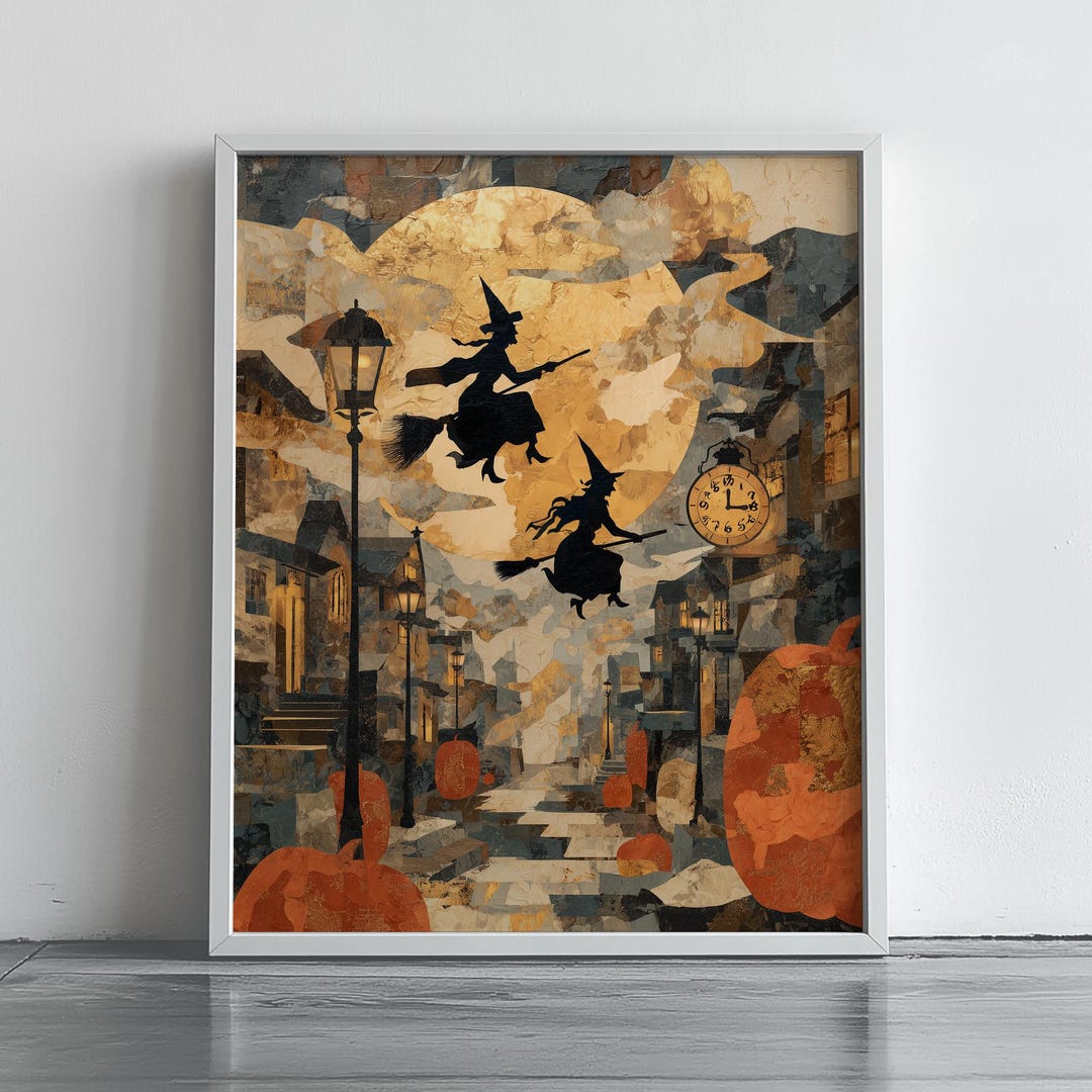 Vintage Halloween Witches Print - Spooky Moonlit Night, Surreal Wall ...