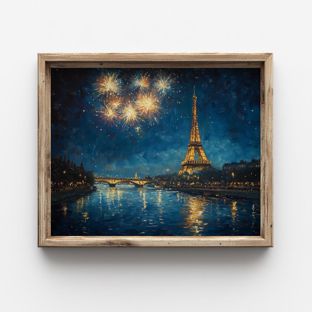 Vintage Paris Nightscape With Fireworks - Festive Romantic Eiffel Tower ...
