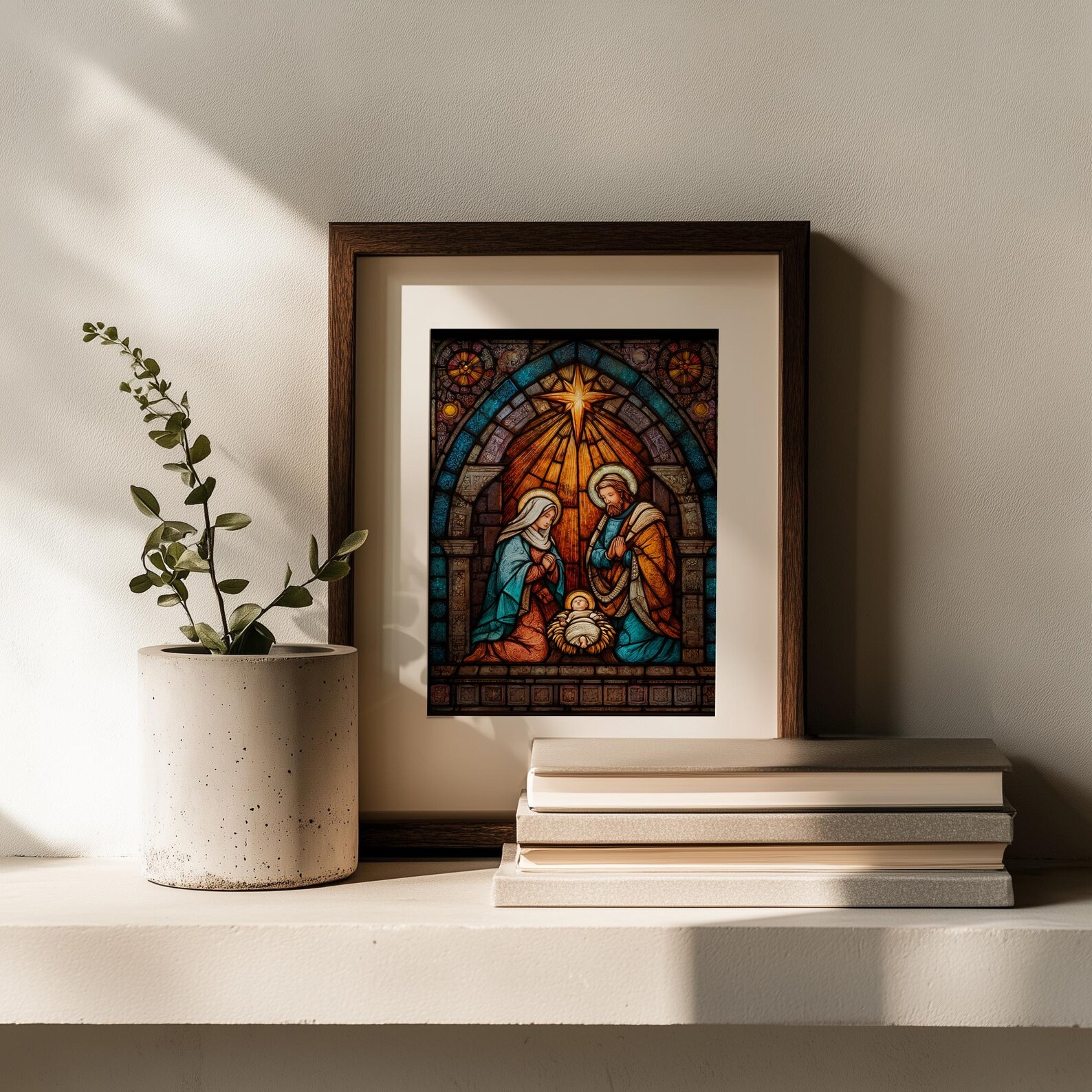Stained Glass Nativity Scene Print - Christmas Wall Art, Holy Family ...