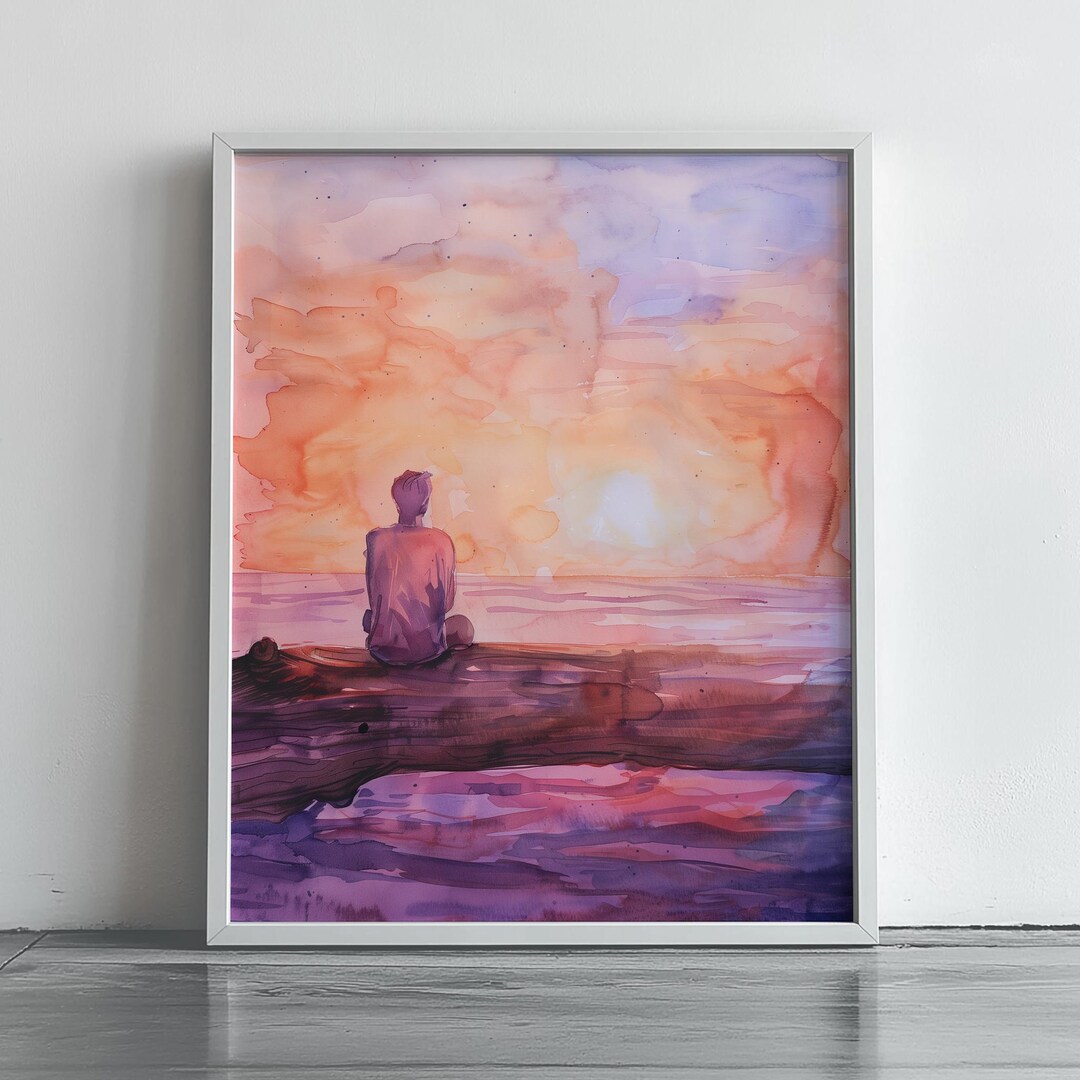 Dreamy Sunset Figure on Driftwood - Tranquil Beach Wall Art, Romantic ...