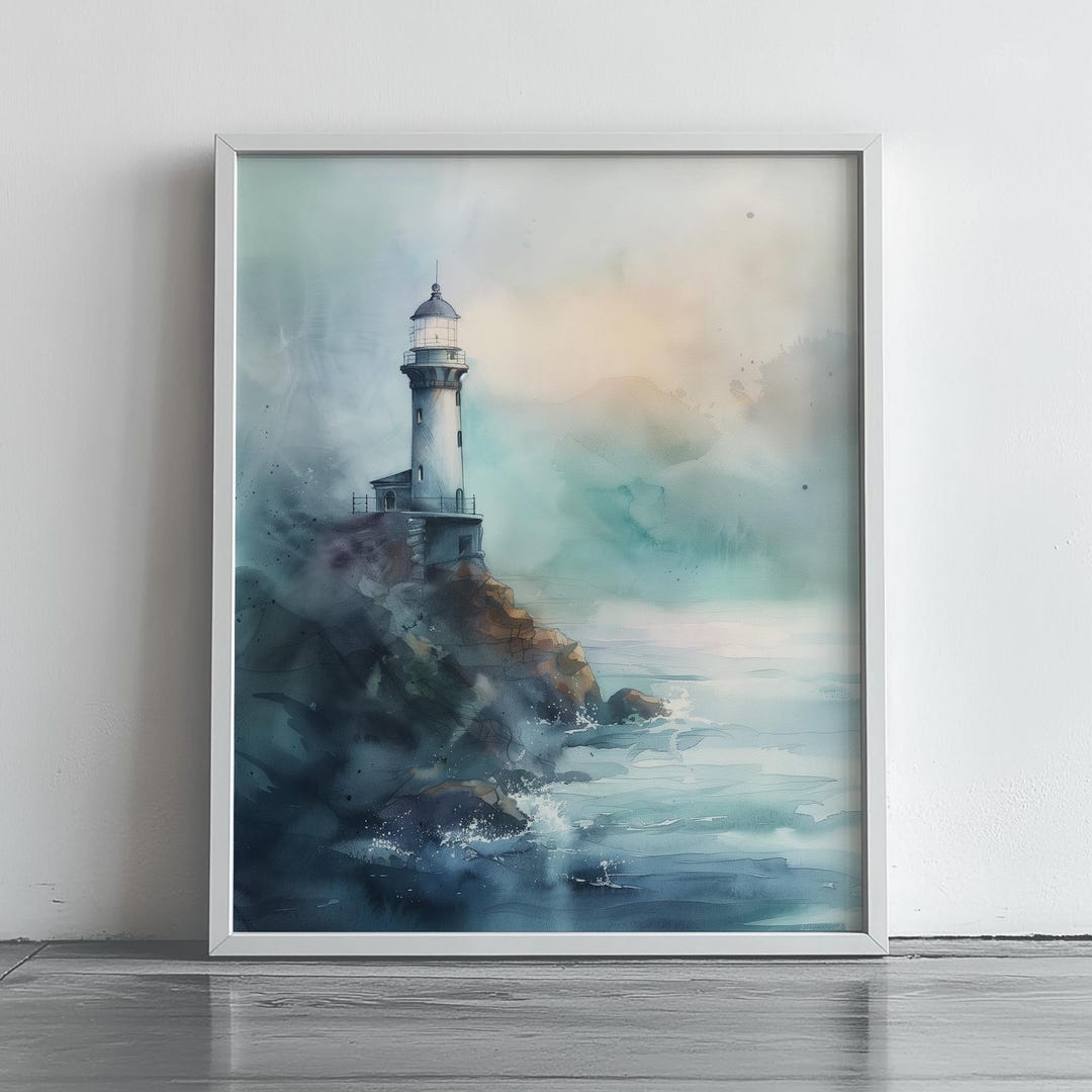 Printable Dreamy Lighthouse Watercolor - Coastal Wall Art, Rocky Shore ...