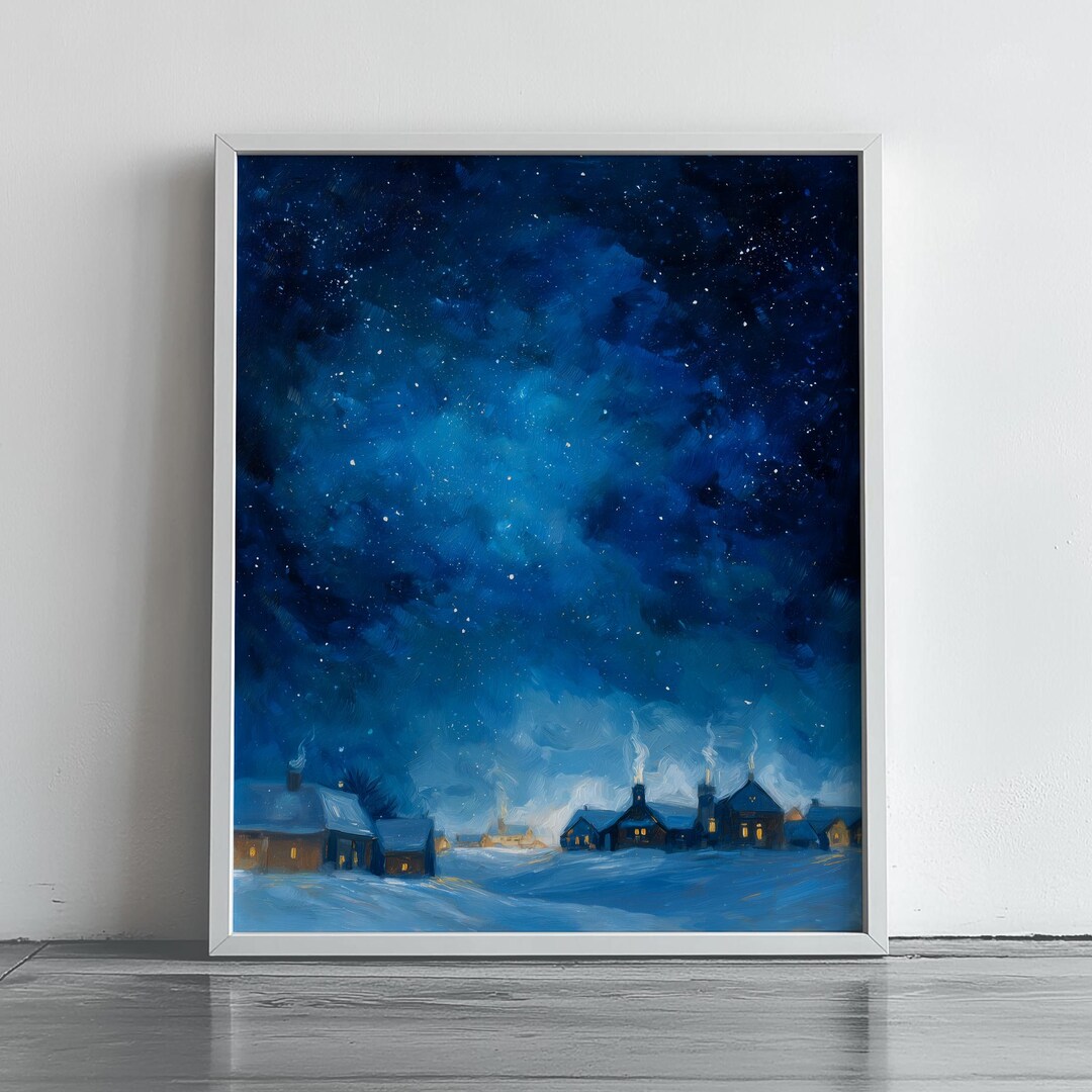 Starry Night Village Painting - Printable Rustic Winter Wall Art ...