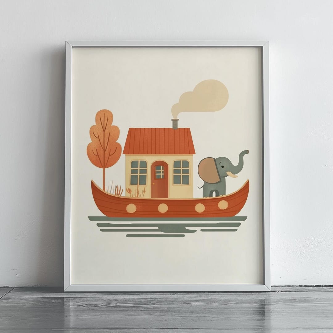 Printable Cartoon Houseboat Art - Cute Elephant Illustration, Whimsical ...