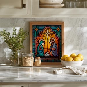 Christmas Stained Glass Nativity Scene - Vintage Holiday Print ...