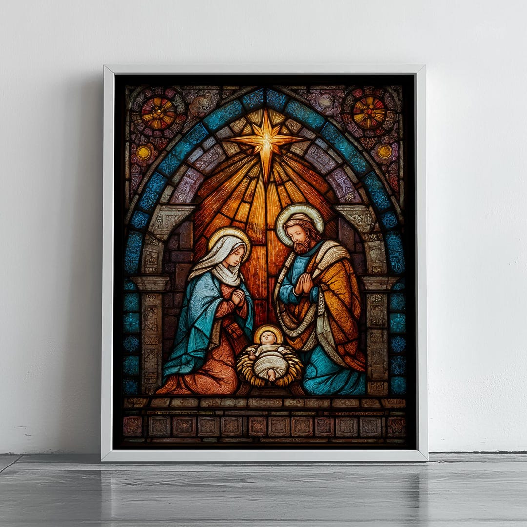 Stained Glass Nativity Scene Print - Christmas Wall Art, Holy Family ...