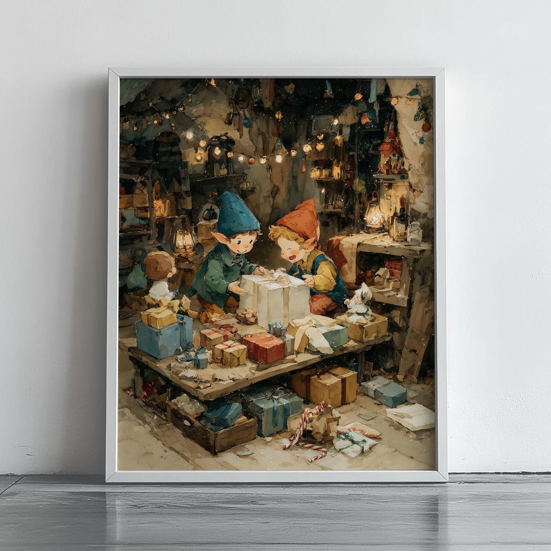 Christmas Elves Wrapping Gifts - Charming Holiday Watercolor, Rustic ...