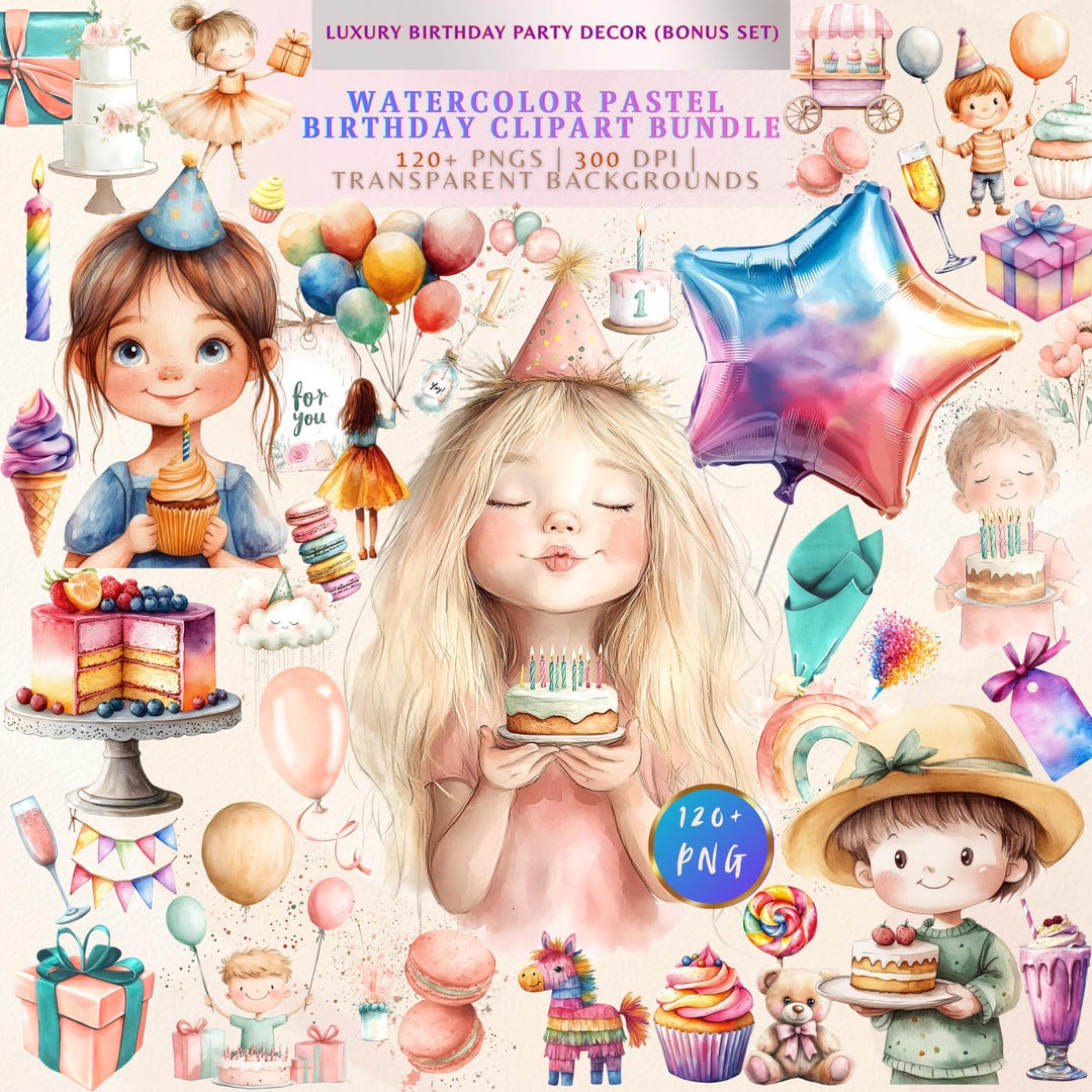 Happy Birthday / Birthday Cake Clipart Watercolor | Pastel Party Bundle ...