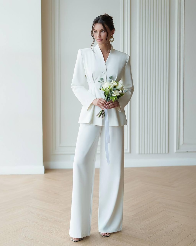 White Wedding Suit ,2 Piece Bridal Pantsuit, Civil Ceremony Outfit ...