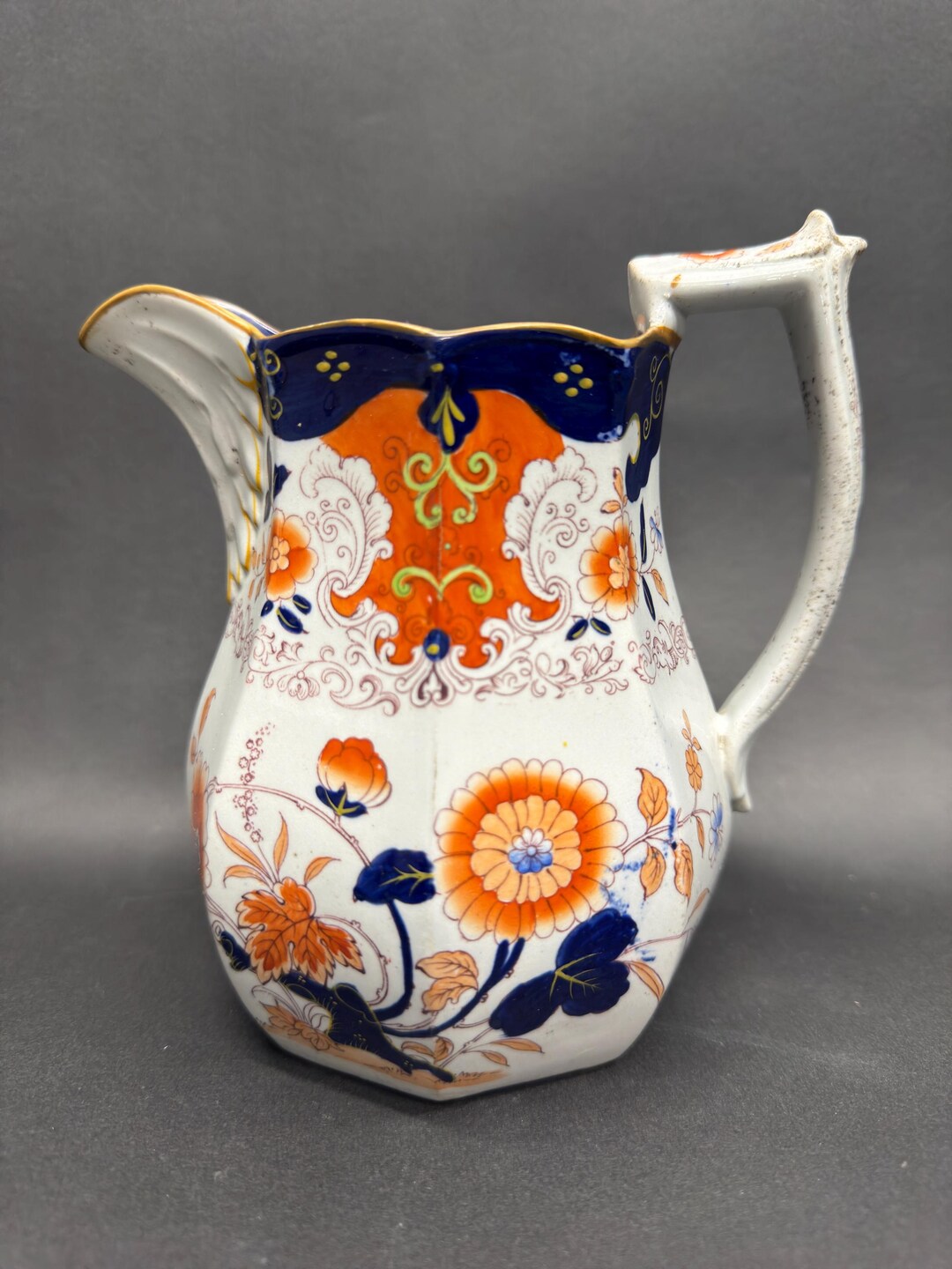 Antique Ironstone China Pitcher – Imari Floral, Cobalt Blue & Orange - Etsy