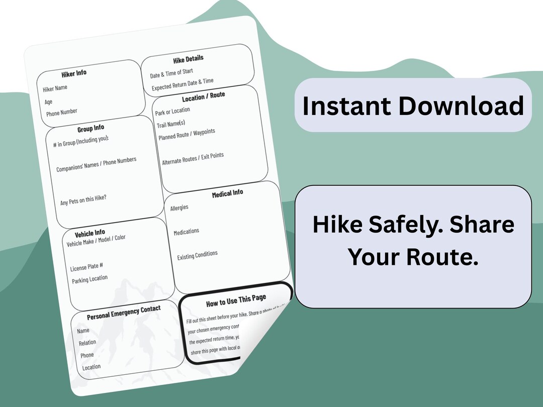 Hiking Safety Plan Printable PDF | Emergency Contact Form | Outdoor ...