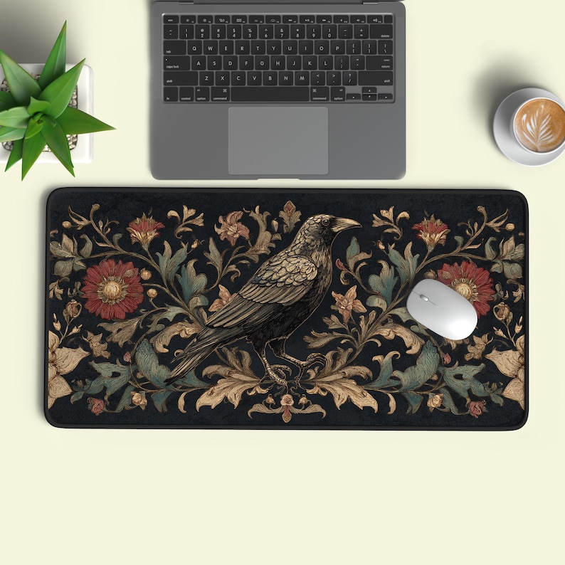 Medieval Floral Crow Desk Mat - Medieval Birds Botanical XL Mousepad ...