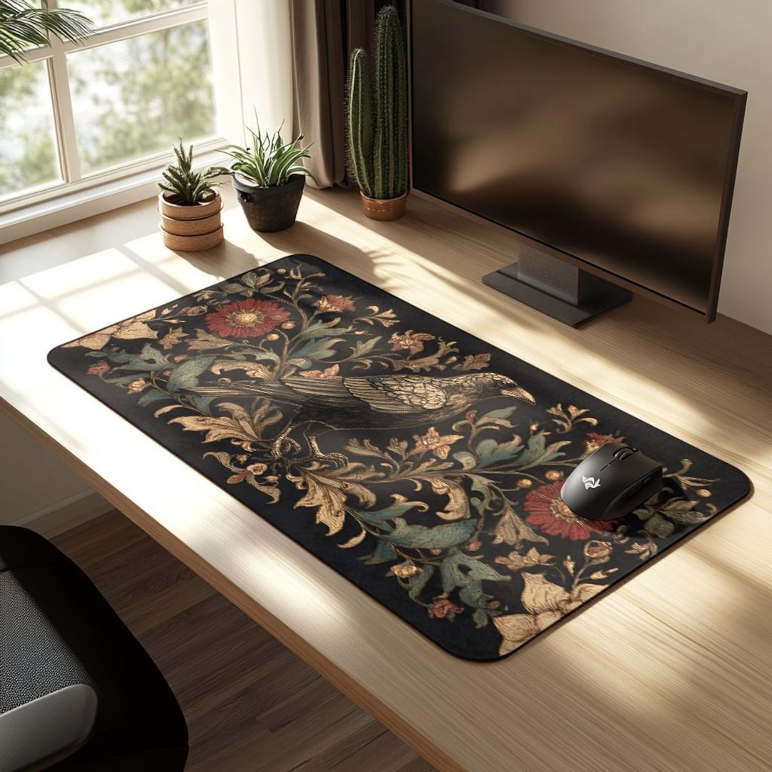 Medieval Floral Crow Desk Mat - Medieval Birds Botanical XL Mousepad ...
