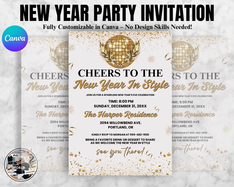 2026 New Year Party Invitation, Gold Balloon NYE Invite, New Year’s Eve ...