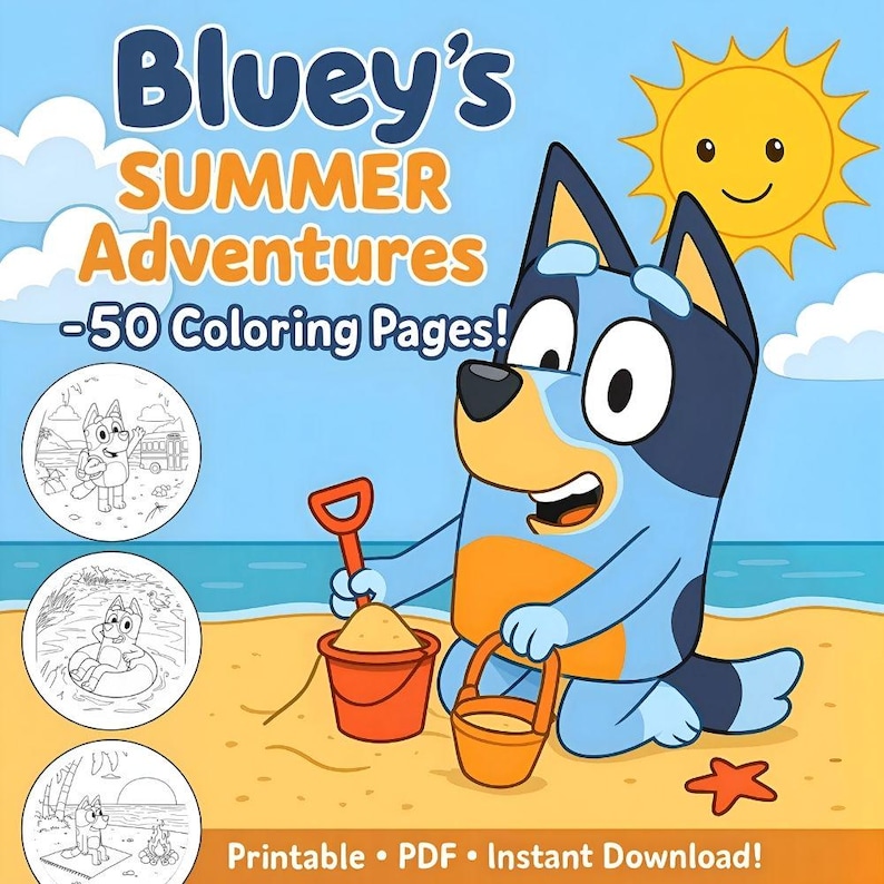 Bluey Coloring Book – 50 Pages | Summer Activity for Kids | Digital ...