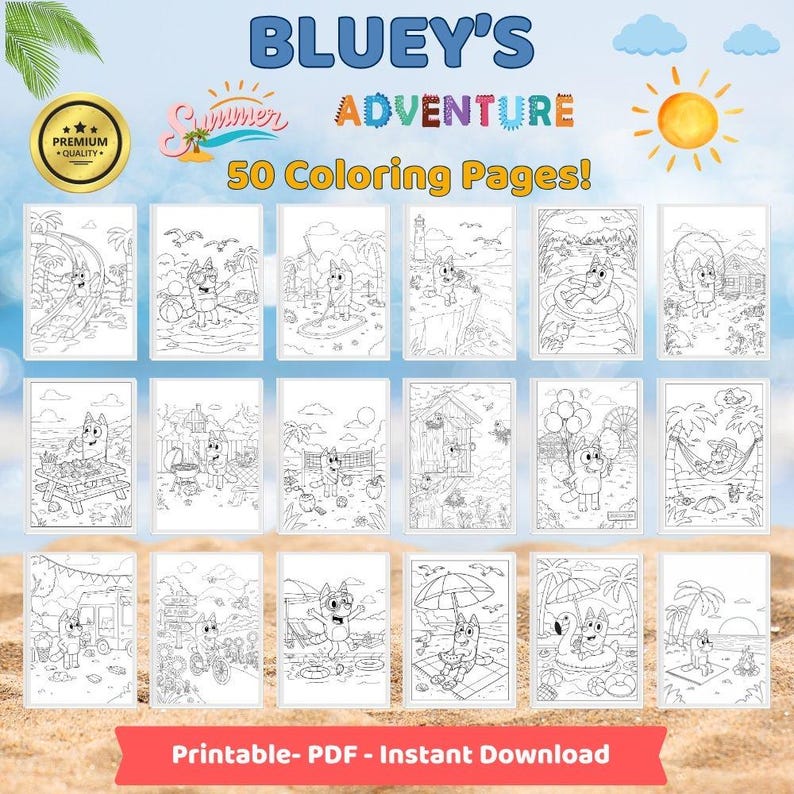 Bluey Coloring Book – 50 Pages | Summer Activity for Kids | Digital ...