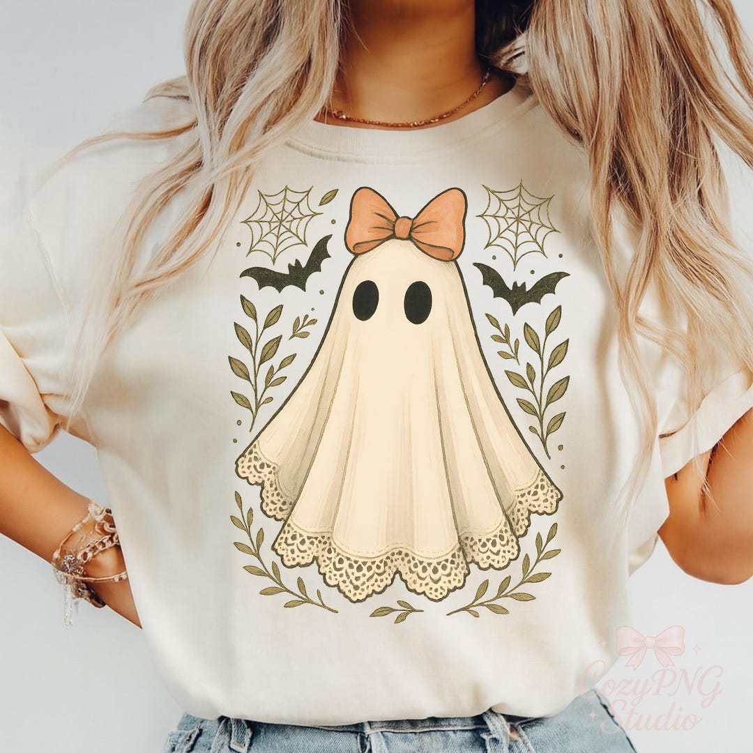 Cute Girl Ghost PNG With Bow, Vintage Halloween Ghost Clipart With Lace ...