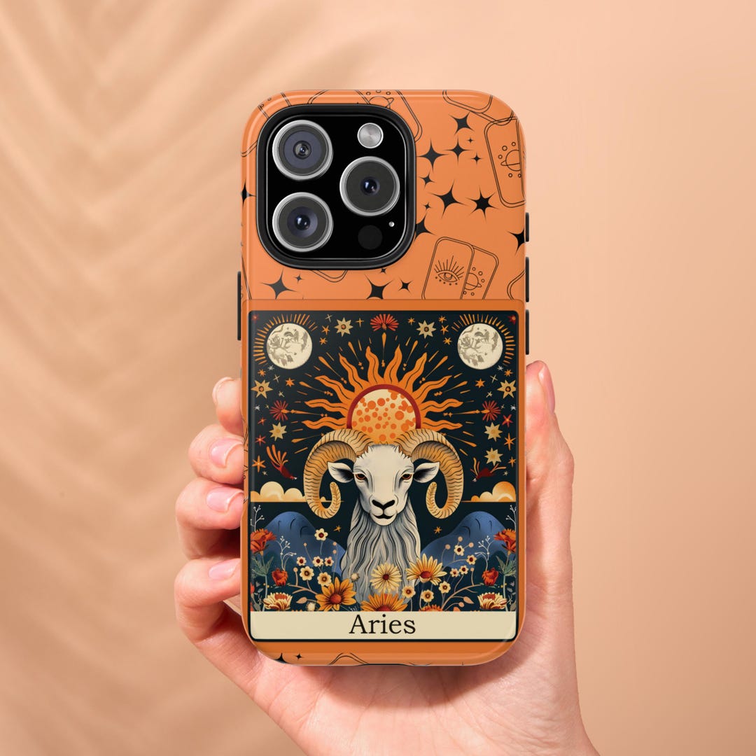 Aries Zodiac Phone Case – Retro Ram Sun Design – Mystical Horoscope ...