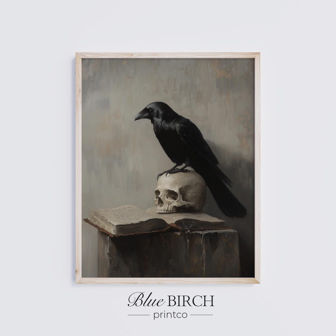 Vintage Raven on Skull Oil Painting - Printable Gothic Still Life Book ...