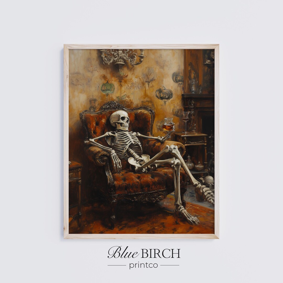 Vintage Skeleton in Armchair Printable - Moody Oil Painting, Rustic ...