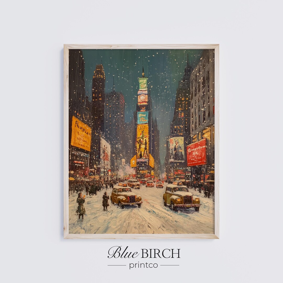 Vintage 1950s Times Square Snowfall - Festive Winter Cityscape Painting ...