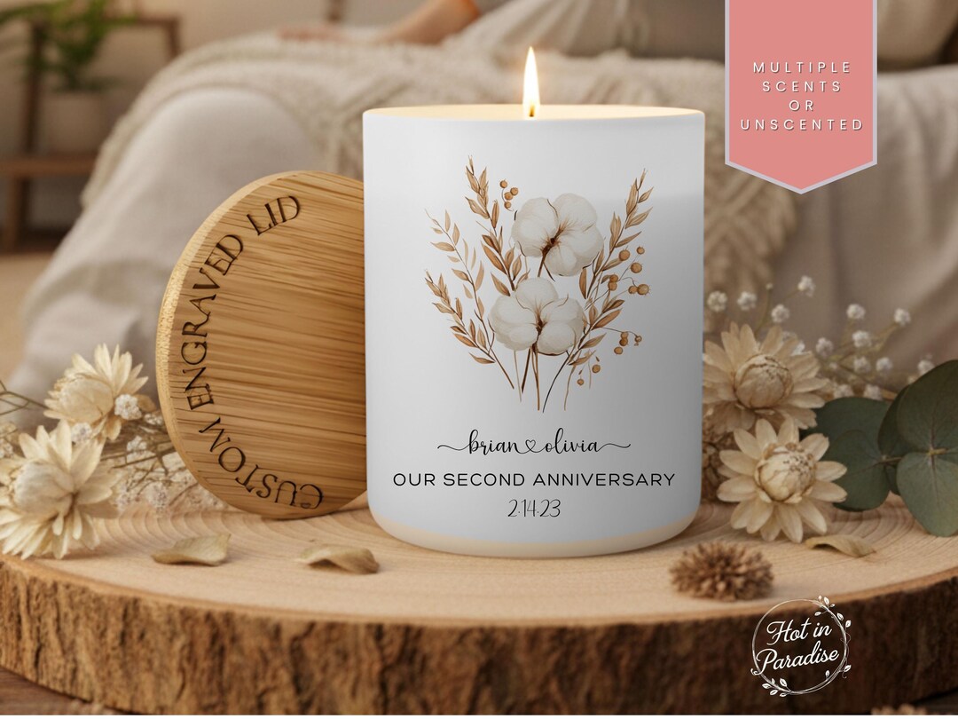 Personalized 2nd Anniversary Candle: Cotton Bouquet, Custom Names ...