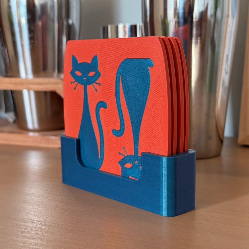 Mid-century Modern Atomic Cat Coaster Set: Retro Funky Design, Vintage ...