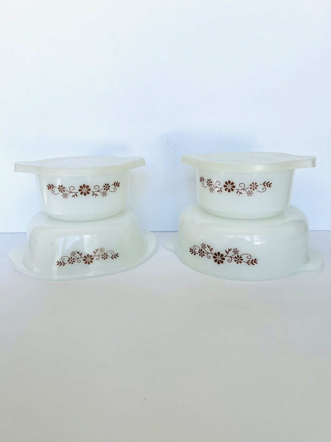 Vintage Dynaware Pyr-o-rey Milk Glass Baking Dishes - Brown Daisy Set ...