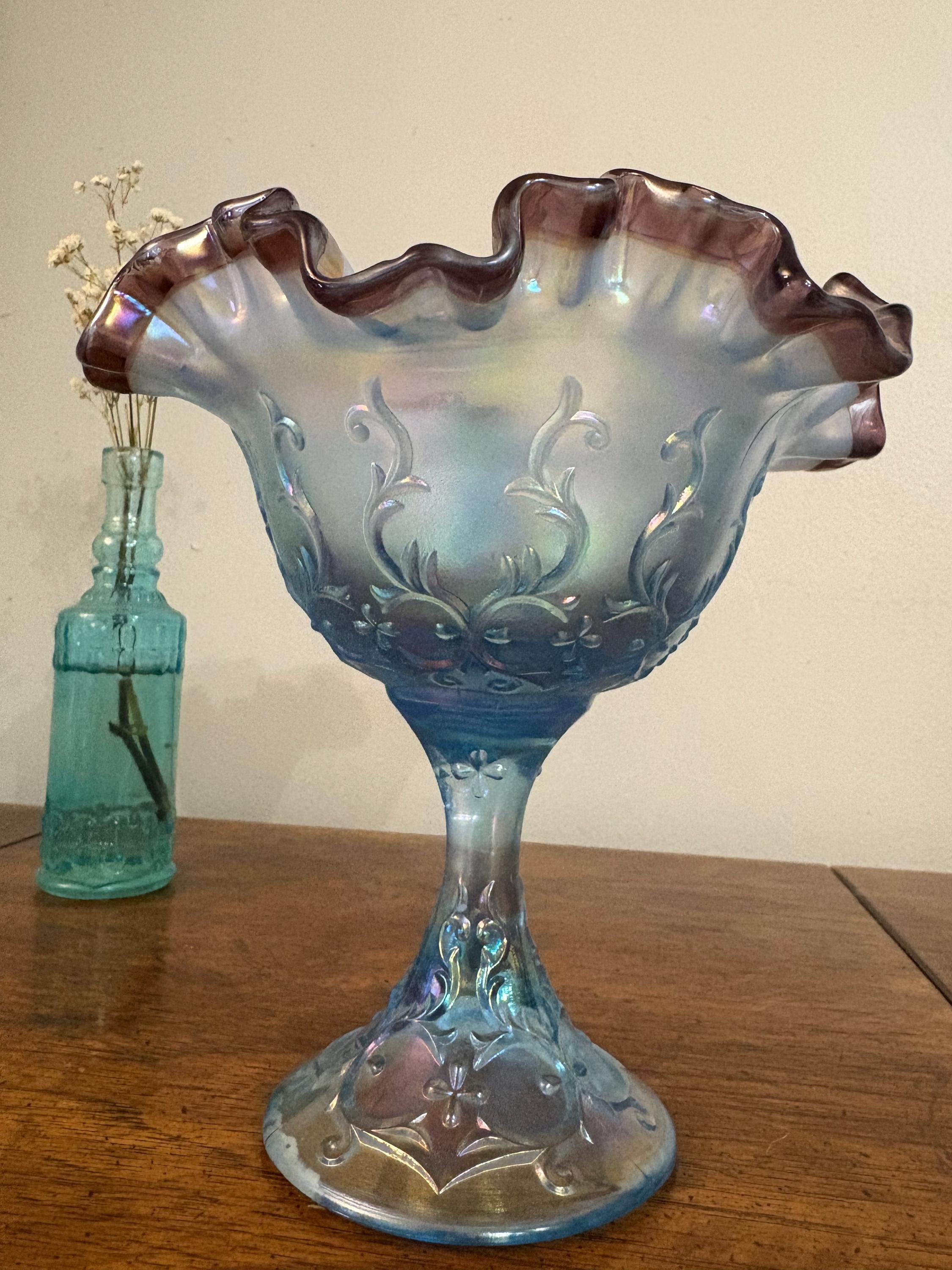 Fenton Blue Carnival Glass Opalescent Spanish Crest Compote Plum Crest ...