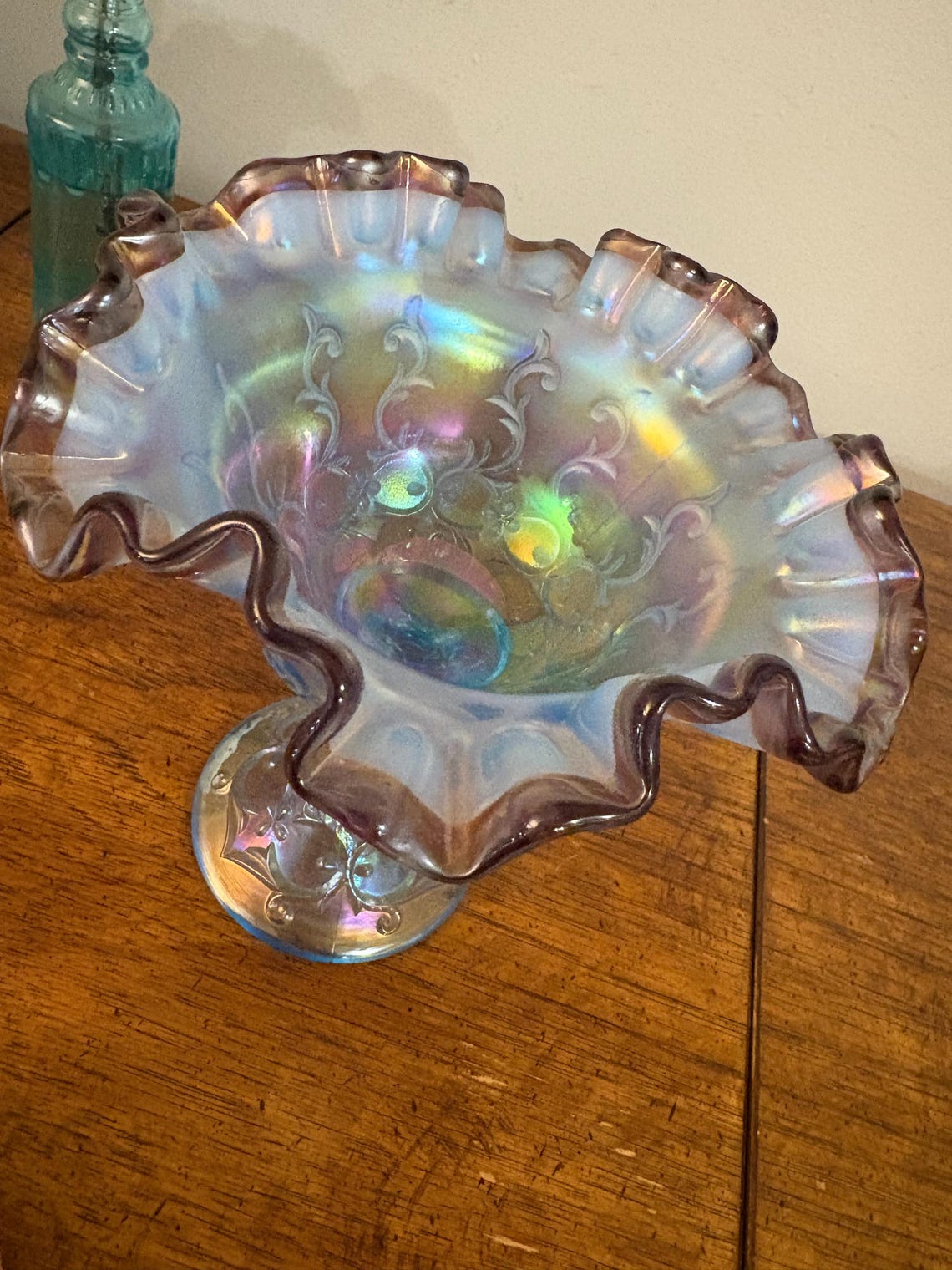 Fenton Blue Carnival Glass Opalescent Spanish Crest Compote Plum Crest ...