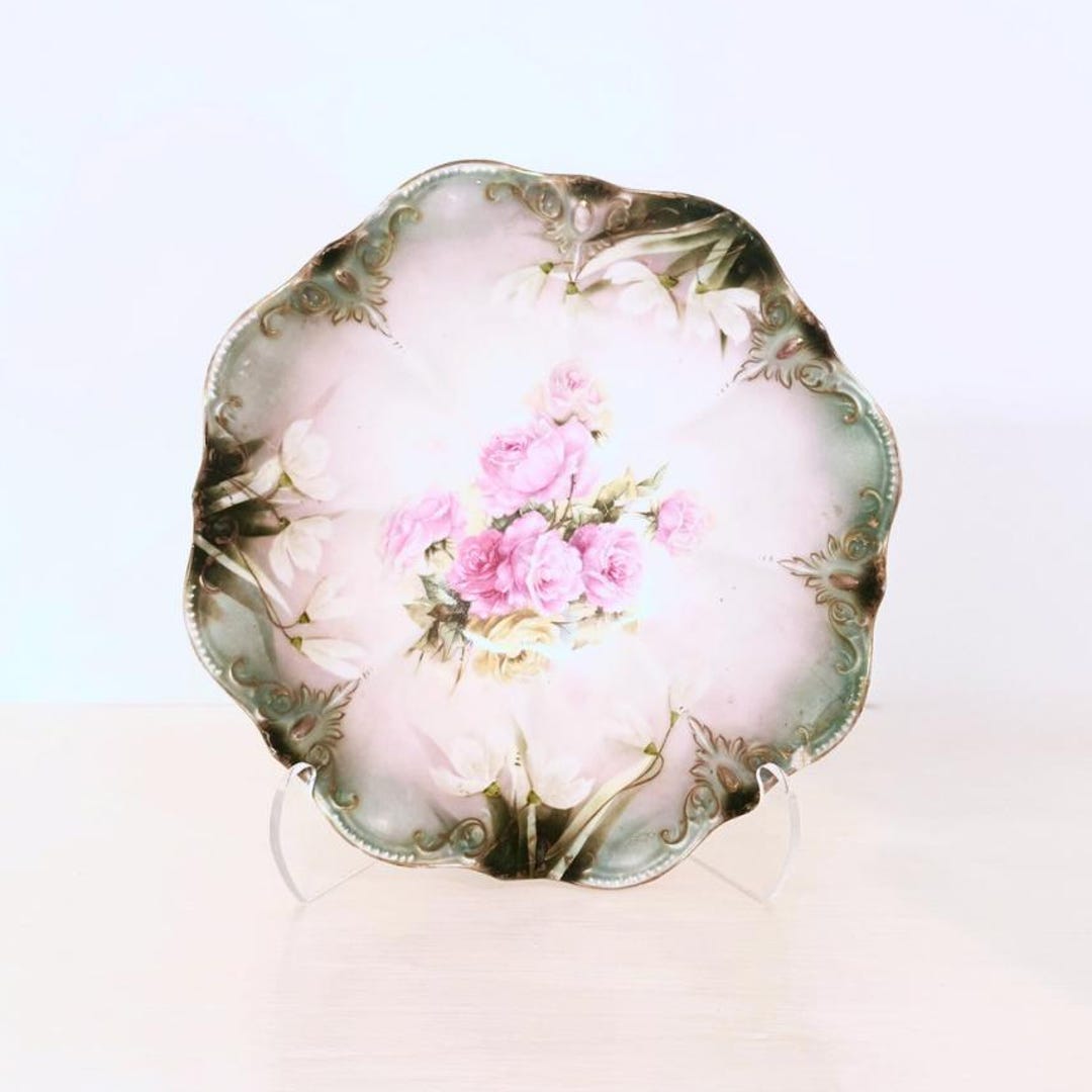 RS Prussia Pink Rose Bowl: Antique Porcelain Serving Dish, Green Mist ...