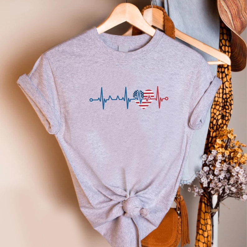 American Heartbeat Shirt, USA Flag Pulse Design Tee, Patriotic Love ...