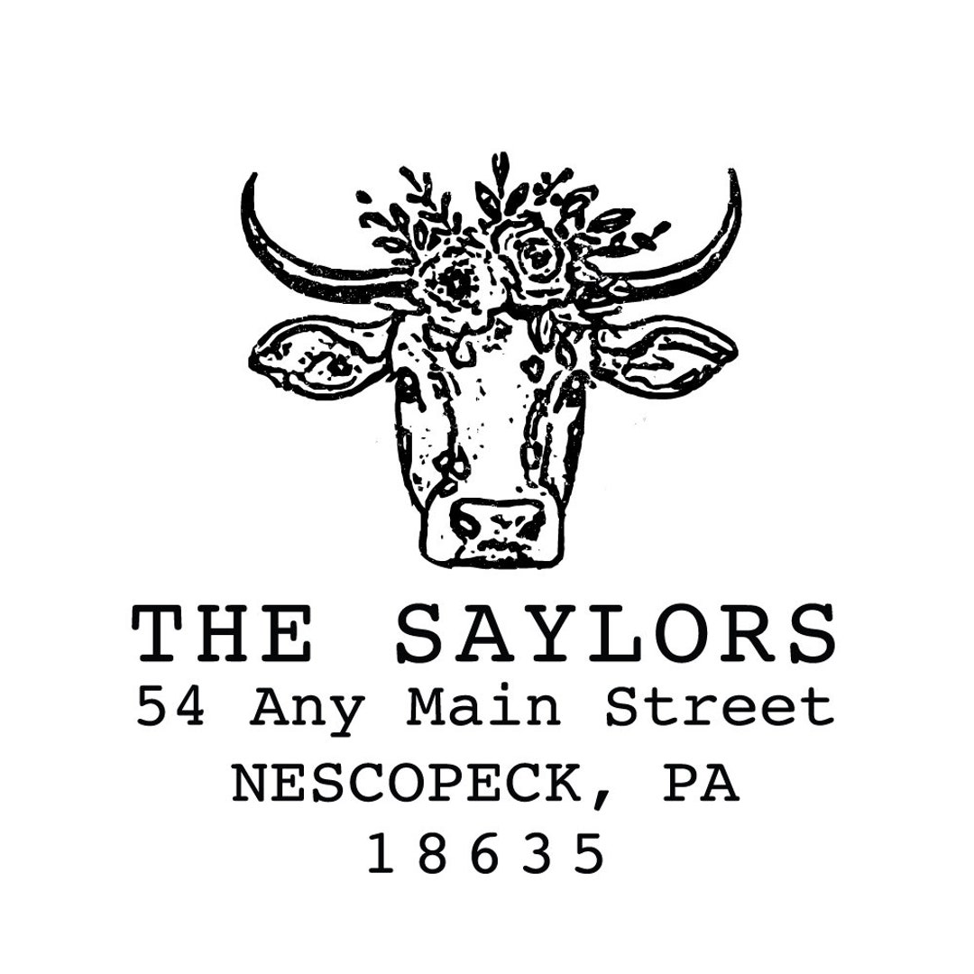 Cow Stamp Wreath Flowers Address Stamp Rubber Stamp or Self Inking ...