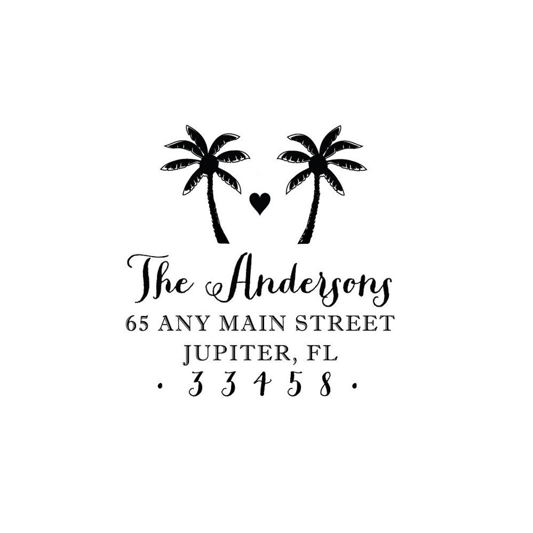 Two Palm Trees Stamp, Heart Personalized Address Rubber Stamp or Self ...