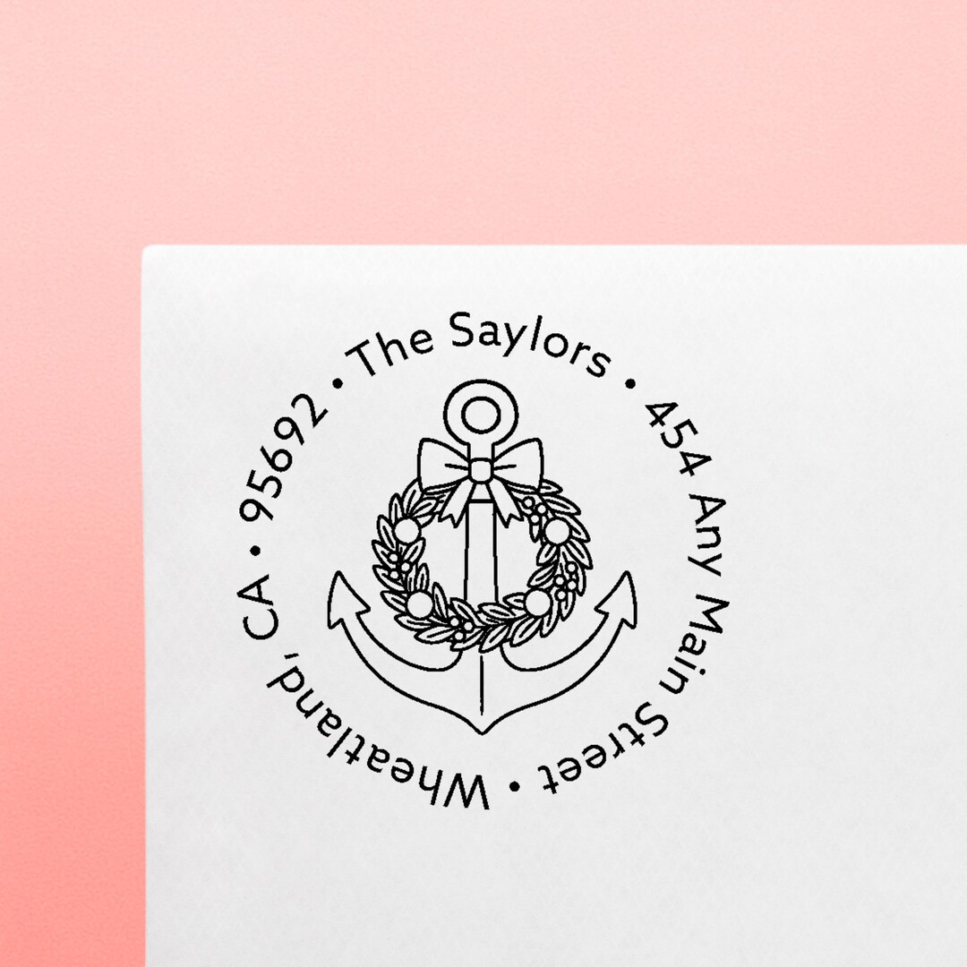 Personalized Anchor Address Stamp With Holiday Wreath | Nautical Return ...