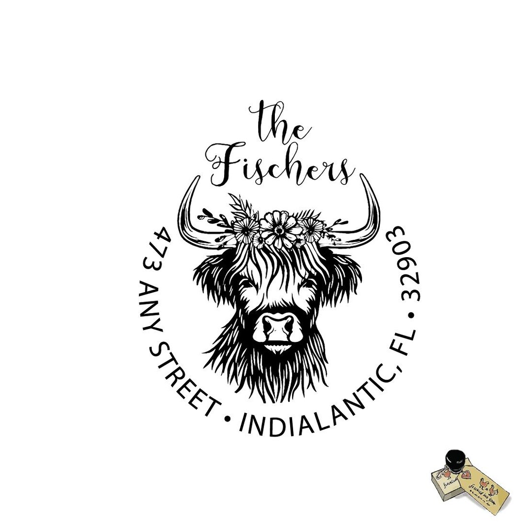 Highland Cow Stamp Flower Wreath, Address Stamp Rubber Stamp or Self ...