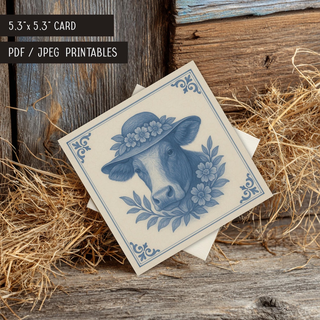 Printable Square Delft Blue Card of a Cow, JPG/PDF File, Instant ...