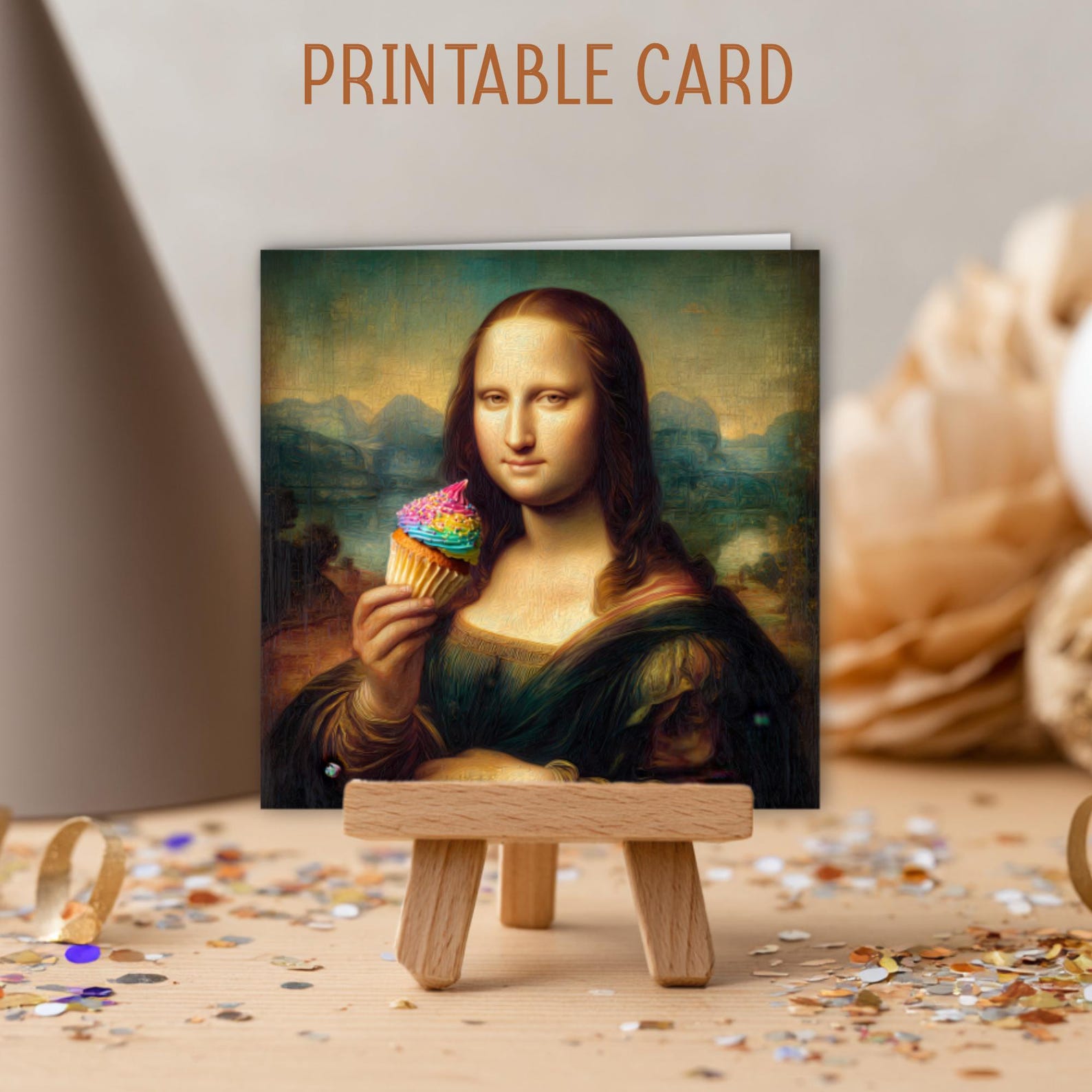Printable Birthday Card Mona Lisa Eating a Cupcake, JPG/PDF File ...