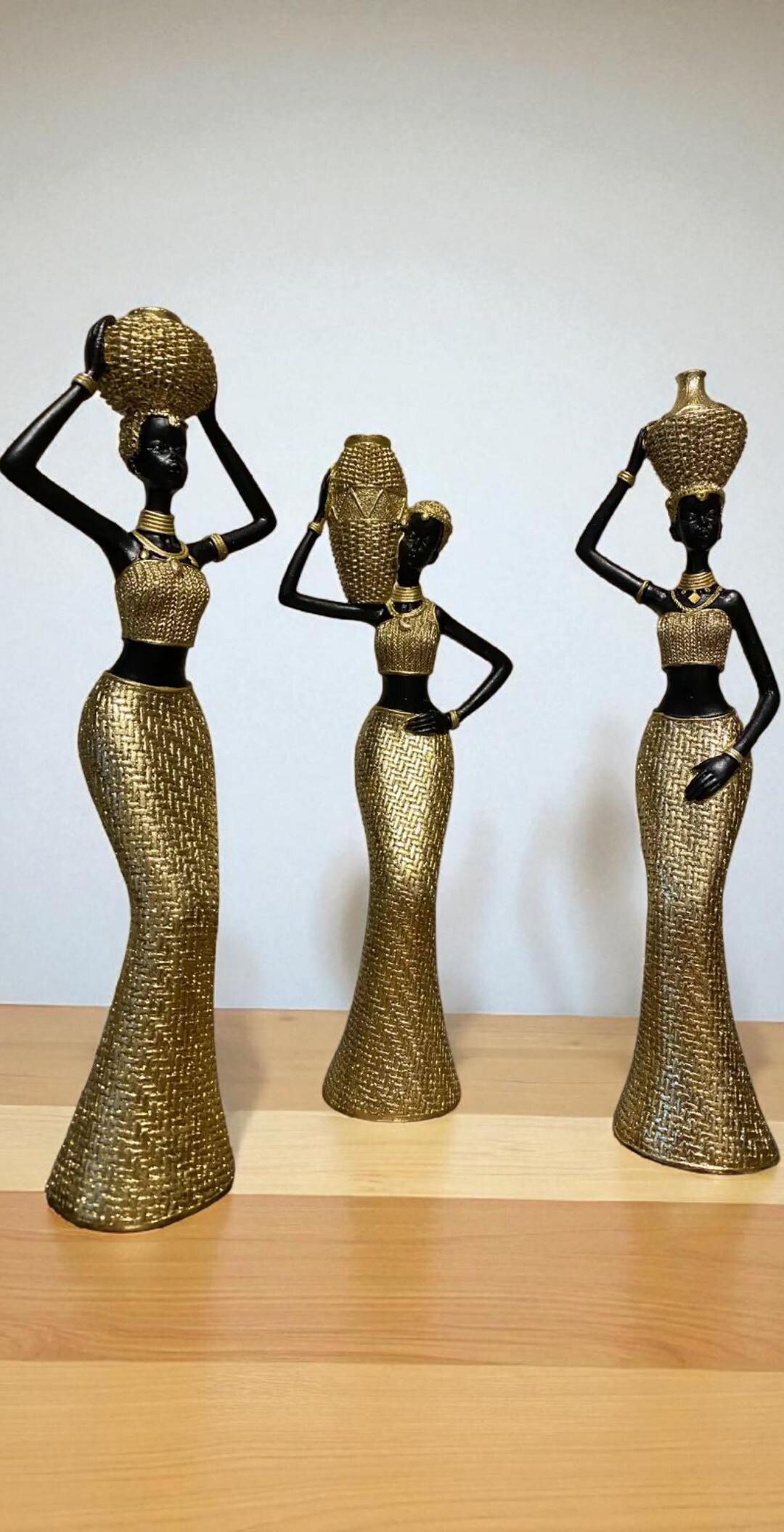 Set of 3 African Abstract Statues – Modern Black and Gold Resin ...